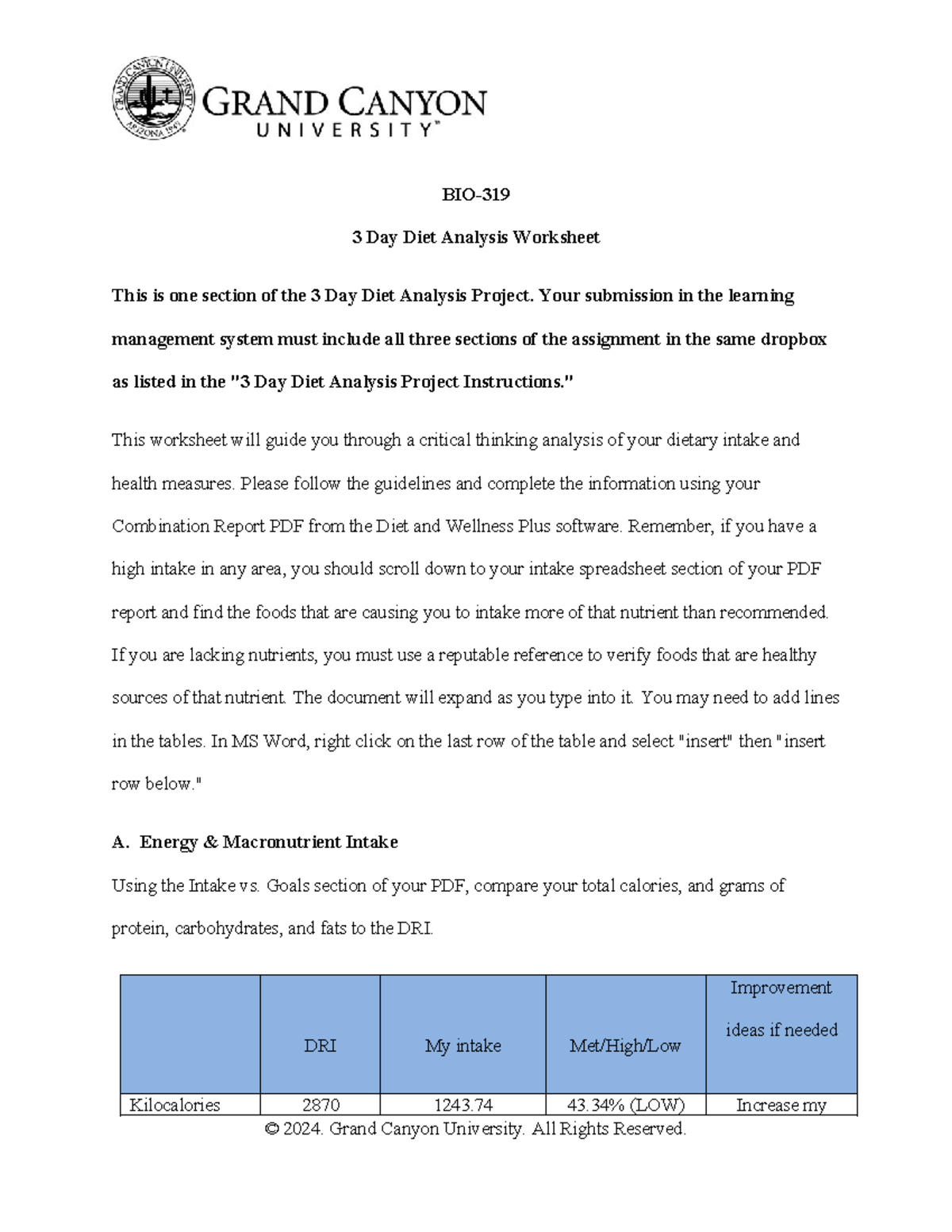 BIO 319 RS 3Day Diet Analysis Wk Sheet - BIO- 3 Day Diet Analysis ...