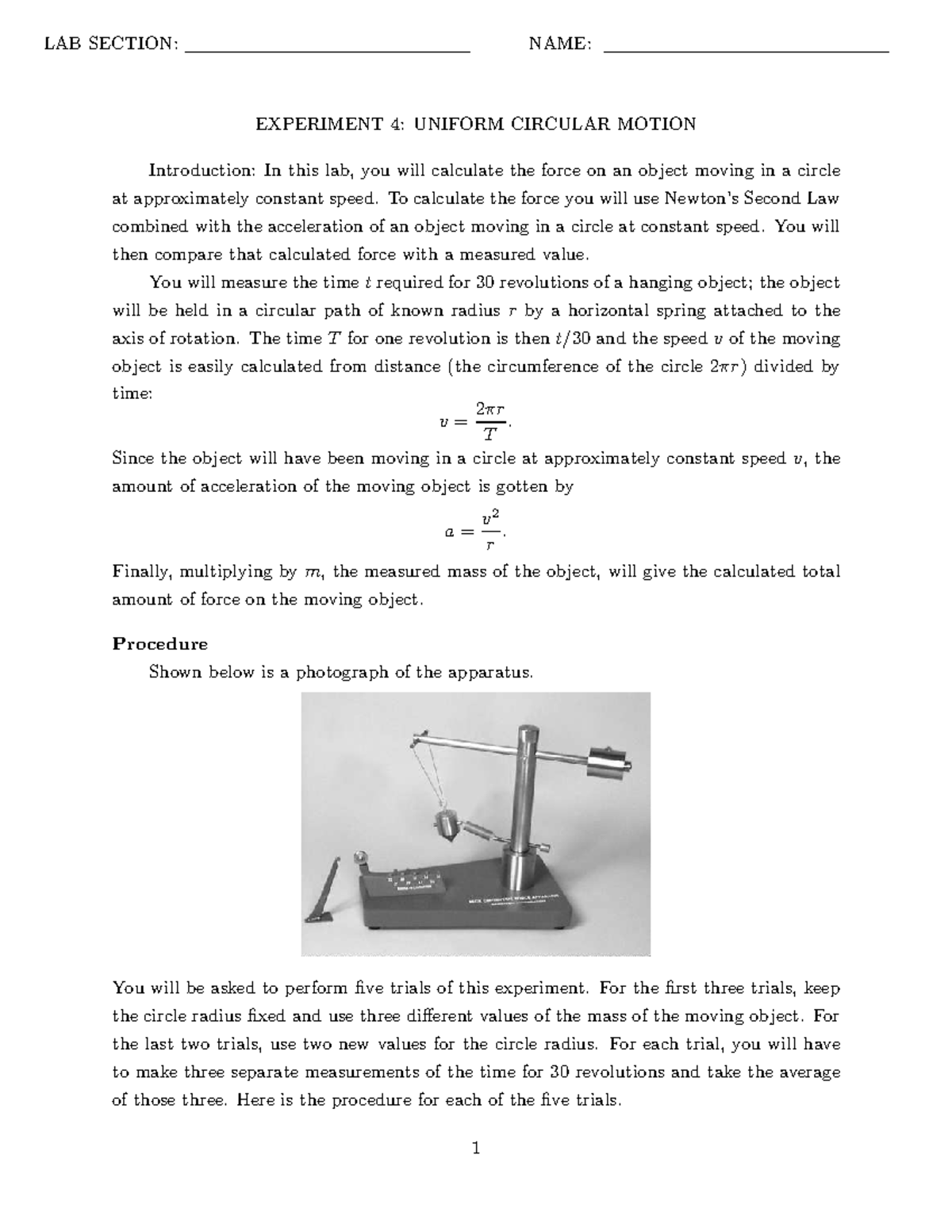 PHY101 Lab 4 - Uniform Circular Motion Lab Manual - LAB SECTION: NAME: EXPERIMENT 4: UNIFORM ...