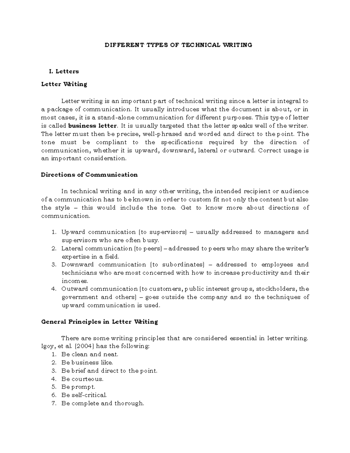 Different Types of Technical Writing - Part I - DIFFERENT TYPES OF TECHNICAL WRITING I. Letters ...