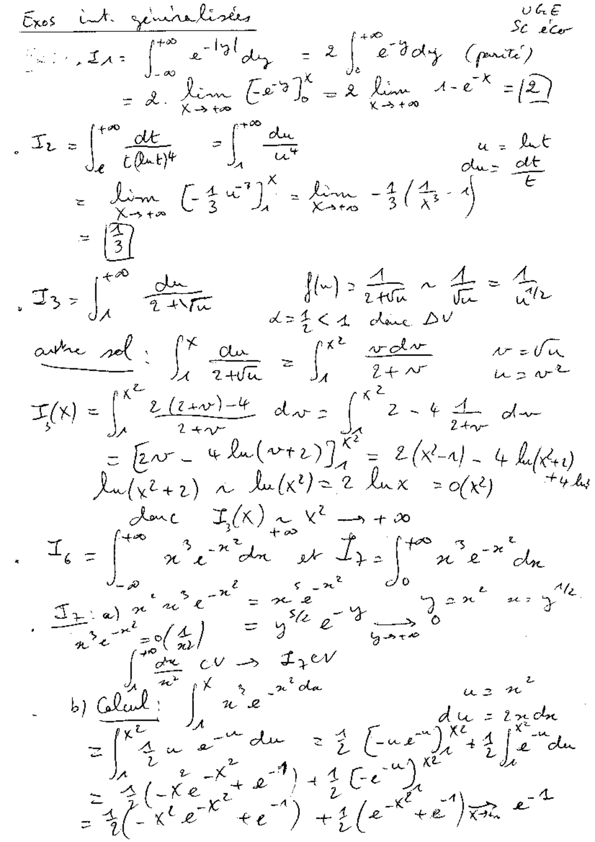 Exercices Intégrales généralisées - Mathématiques - Studocu
