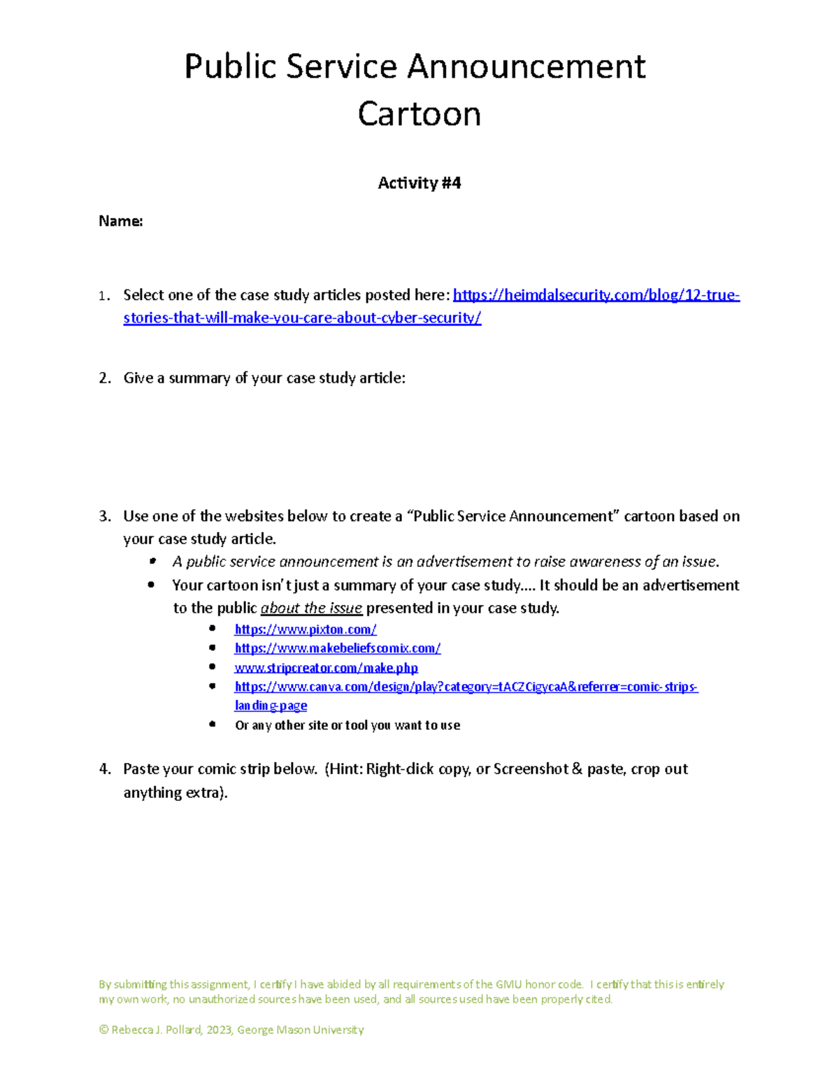 Activity 4 - Public Service Announcement Cartoon Activity Name: 1 ...