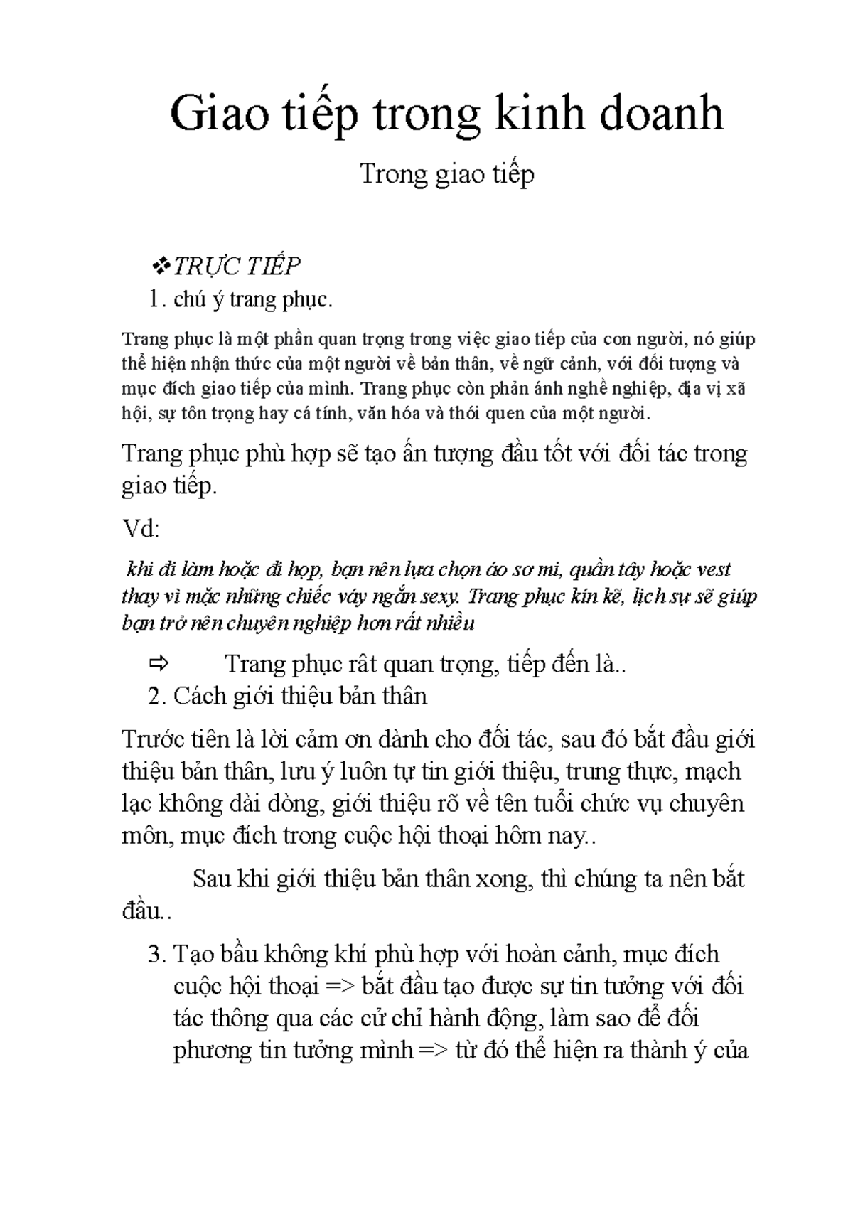 Gttkd 1 - rẻwerwer - Giao tiếp trong kinh doanh Trong giao tiếp TRỰC TIẾP chú ý trang phục ...