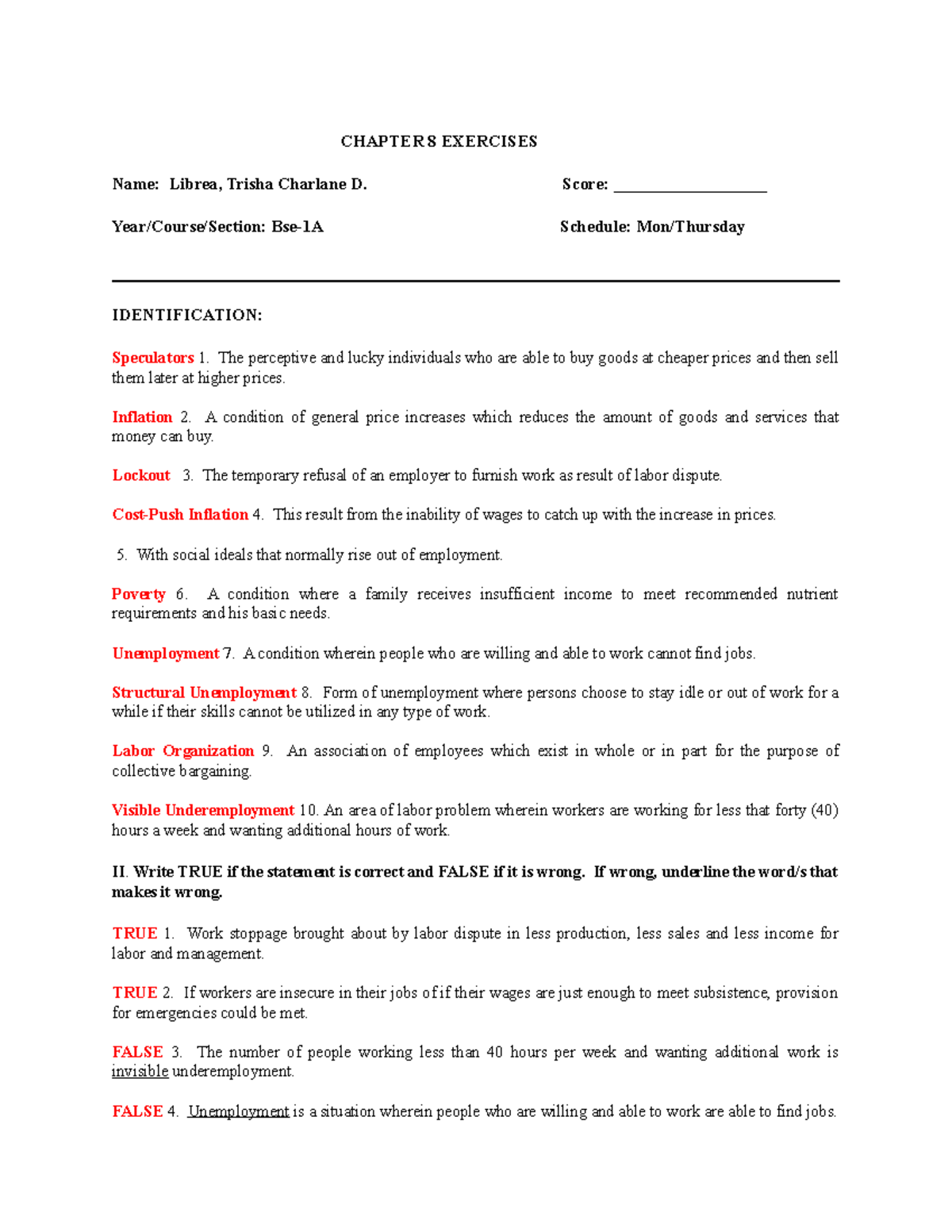 Chapter 8 Exercises - MICROECONOMICS - CHAPTER 8 EXERCISES Name: Librea ...
