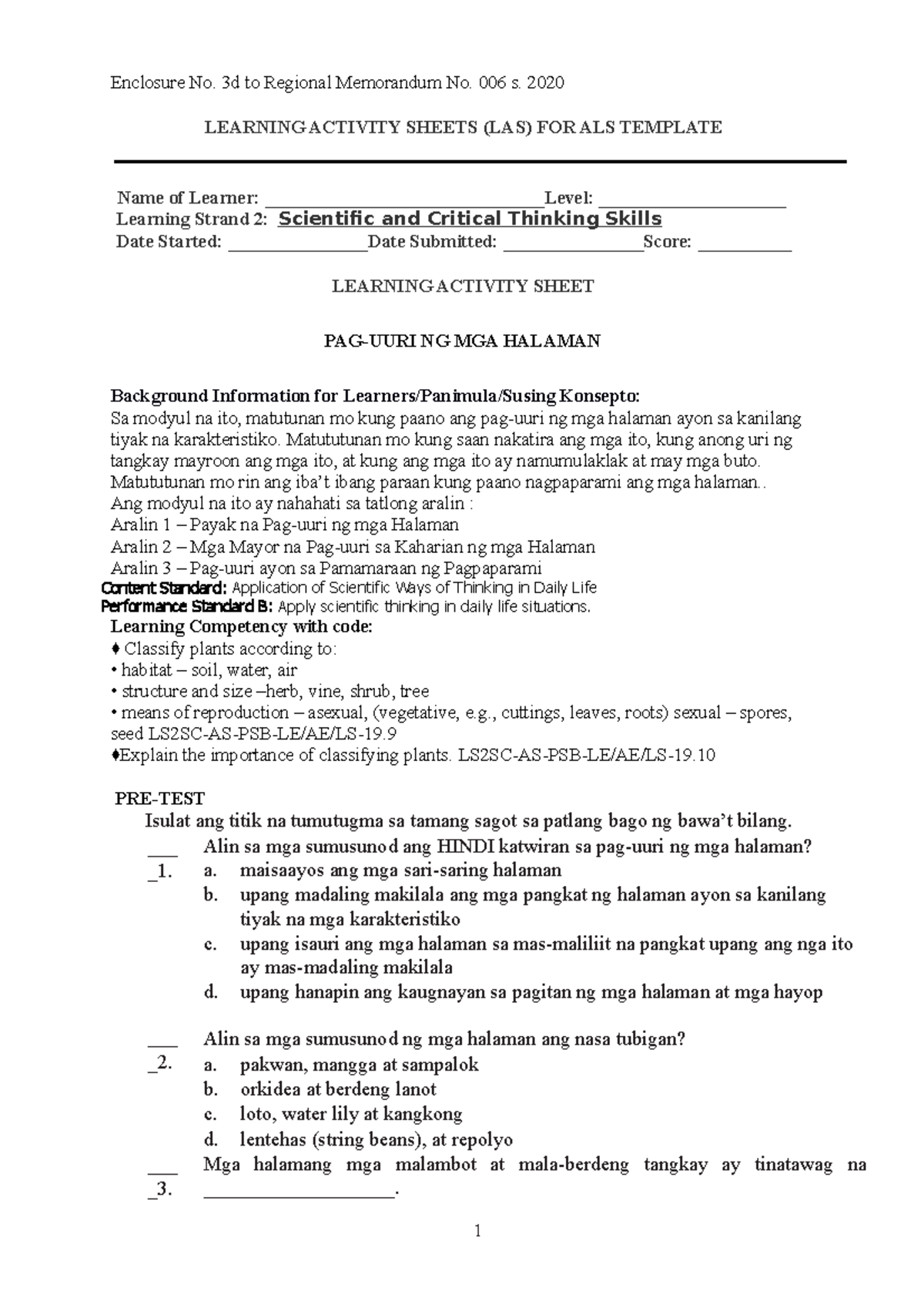 Pag-uuri ng mga Halaman LAS - Enclosure No. 3d to Regional Memorandum ...