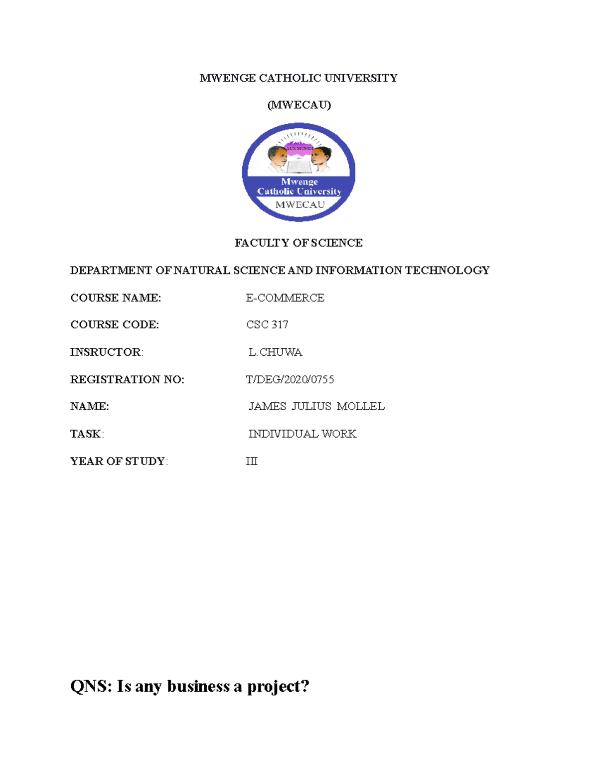 Samweli E- Commerce - MWENGE CATHOLIC UNIVERSITY (MWECAU) FACULTY OF ...