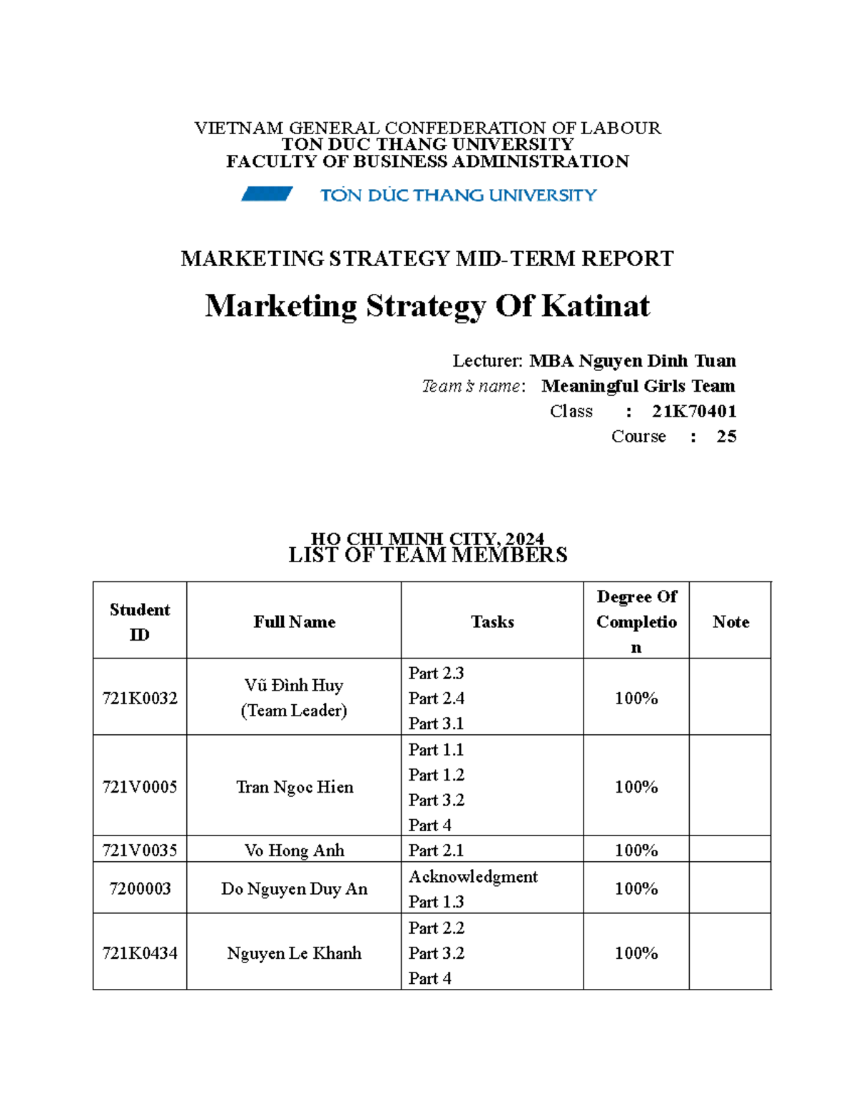 Marketing Strategy Mid term - VIETNAM GENERAL CONFEDERATION OF LABOUR TON DUC THANG UNIVERSITY ...