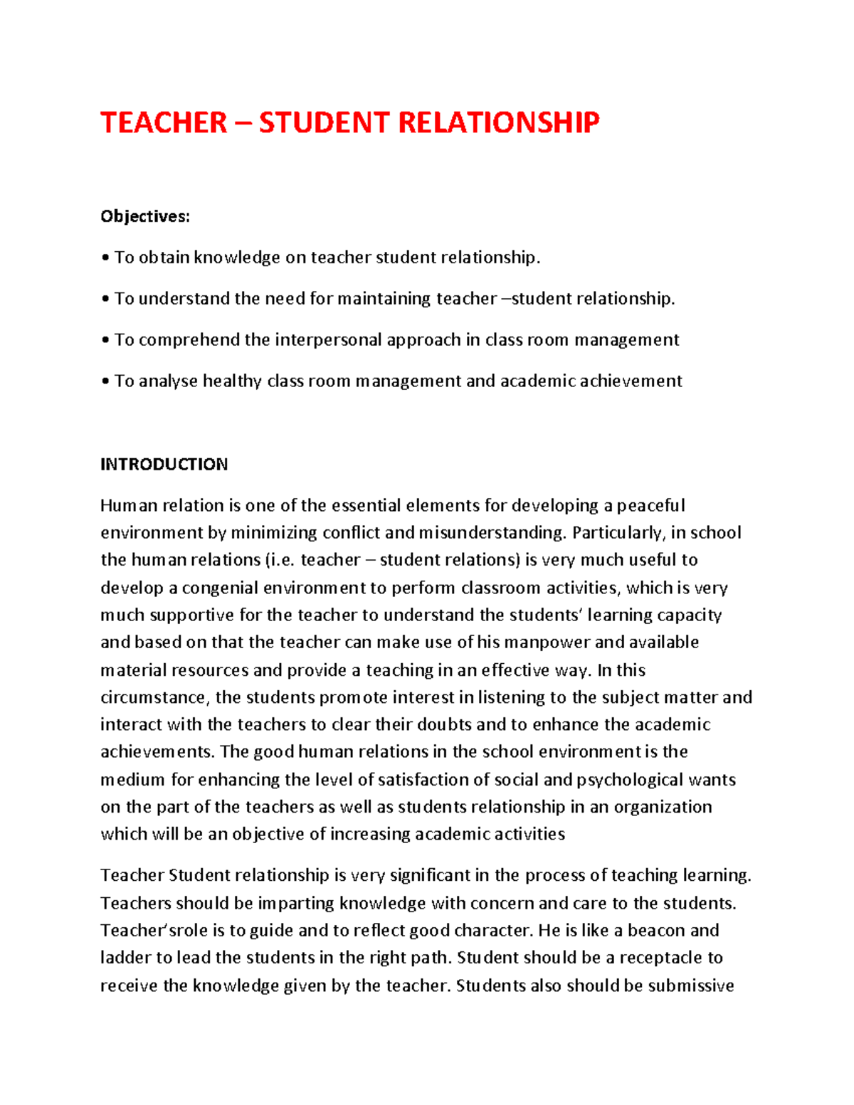 Student teacher relationship in and outside of the classroom - TEACHER ...