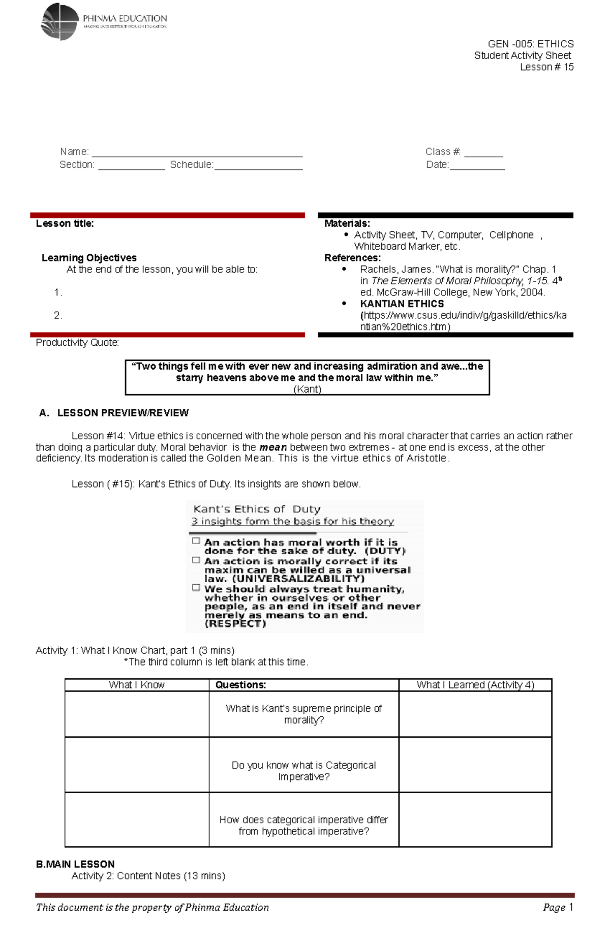 Environmental science Lecture 6 - GEN -005: ETHICS Student Activity ...