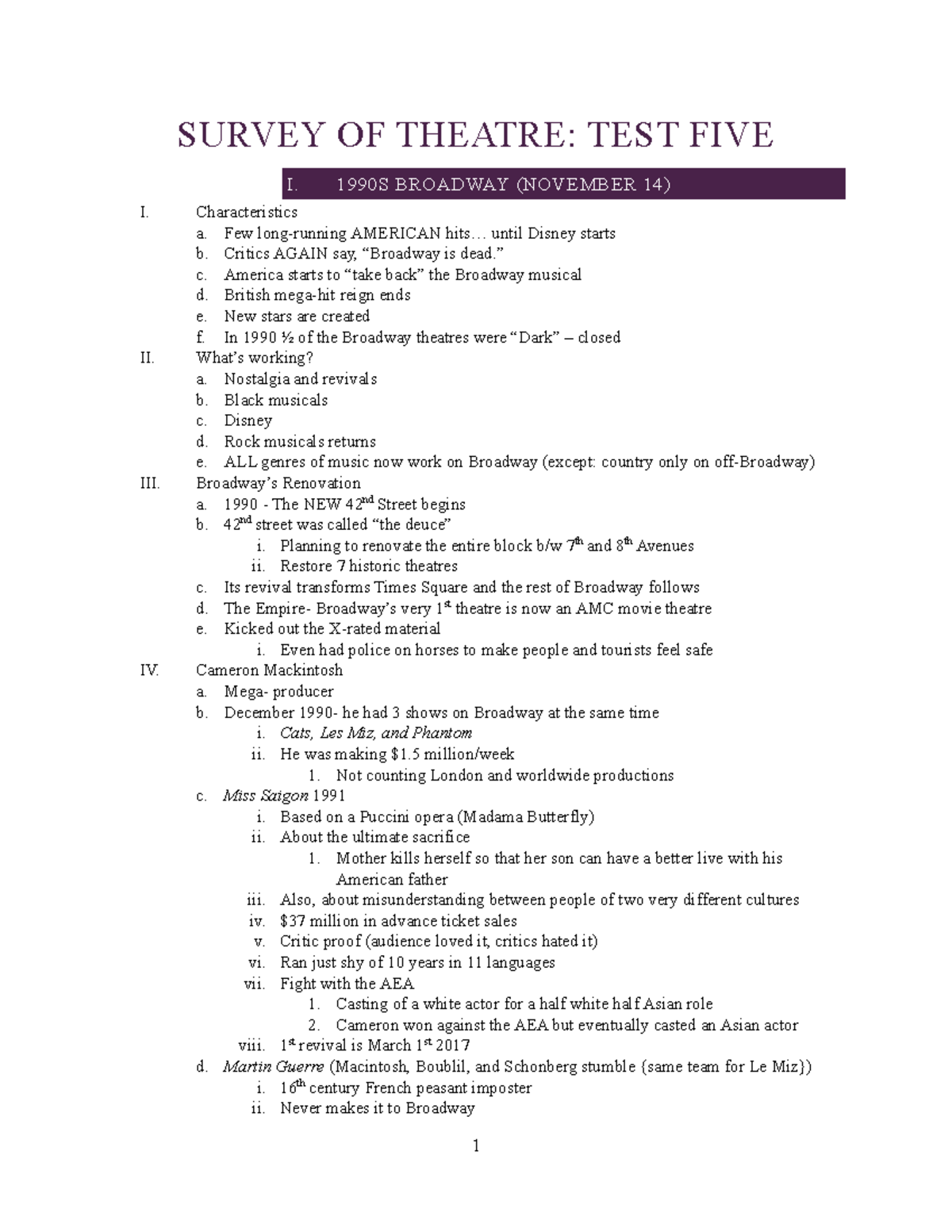 Test 5 Study Guide - Lecture notes 25-32 - SURVEY OF THEATRE: TEST FIVE ...