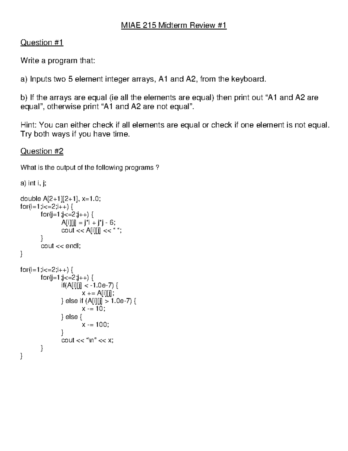 MIAE 215 midterm review 1 - MIAE 215 Midterm Review Question Write a ...