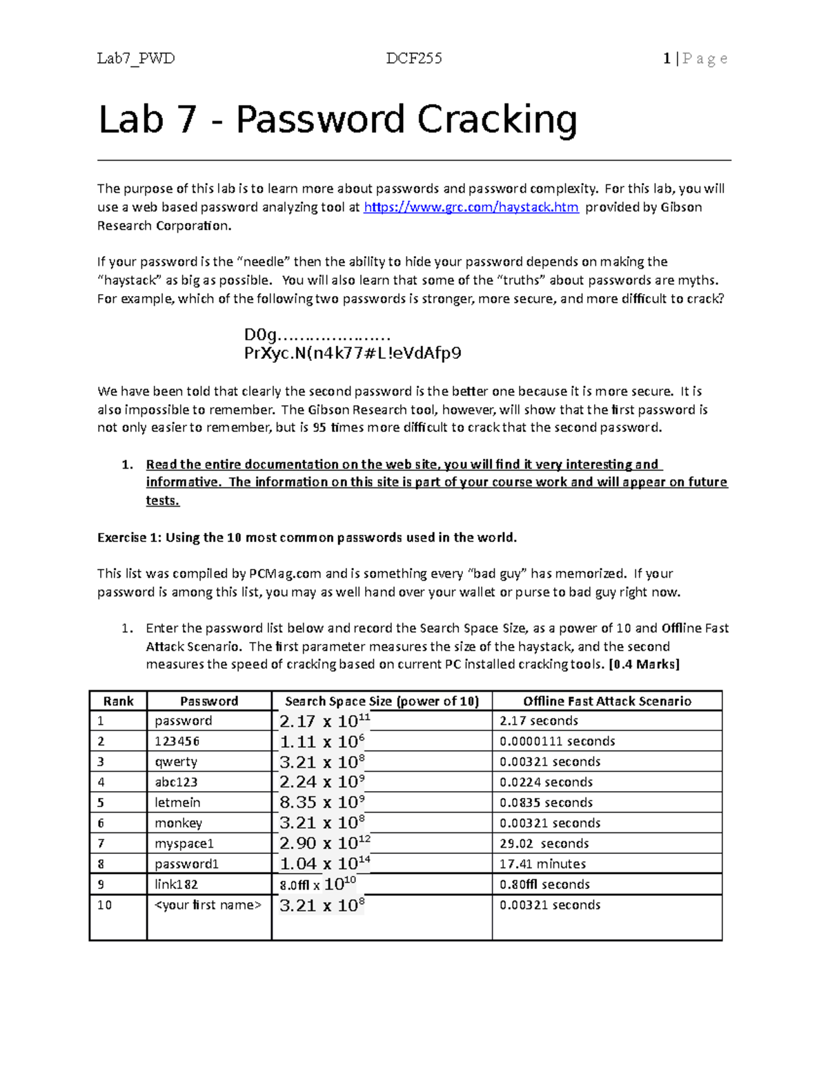 DCF255 Lab7 Pwd Cracking - Lab7_PWD DCF255 1 | P a g e Lab 7 - Password Cracking - Studocu