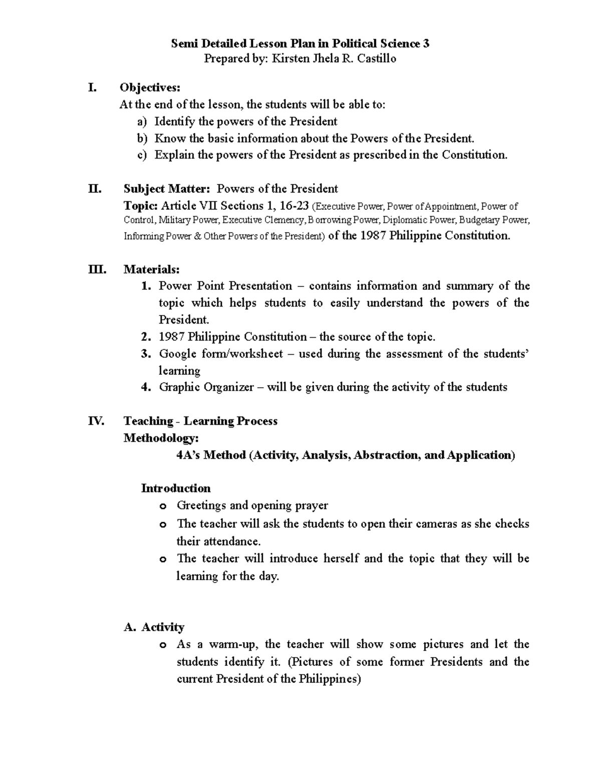 Learning Plan - Castillo - Semi Detailed Lesson Plan in Political ...
