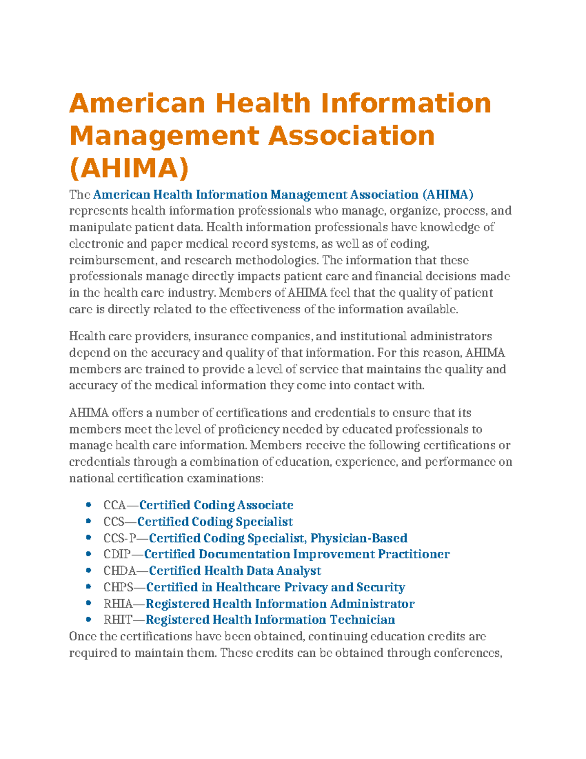 Ahima - American Health Information Management Association (AHIMA) The ...