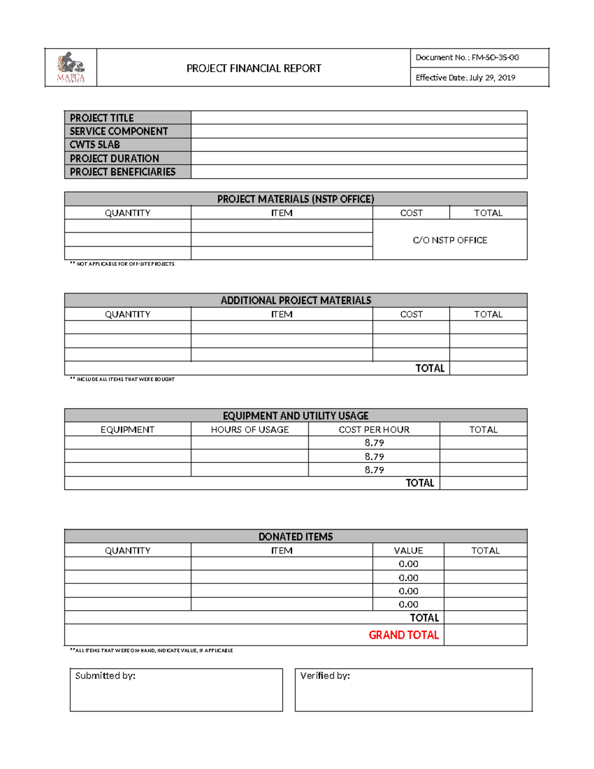 Project Financial Report Form - PROJECT FINANCIAL REPORT Document No ...