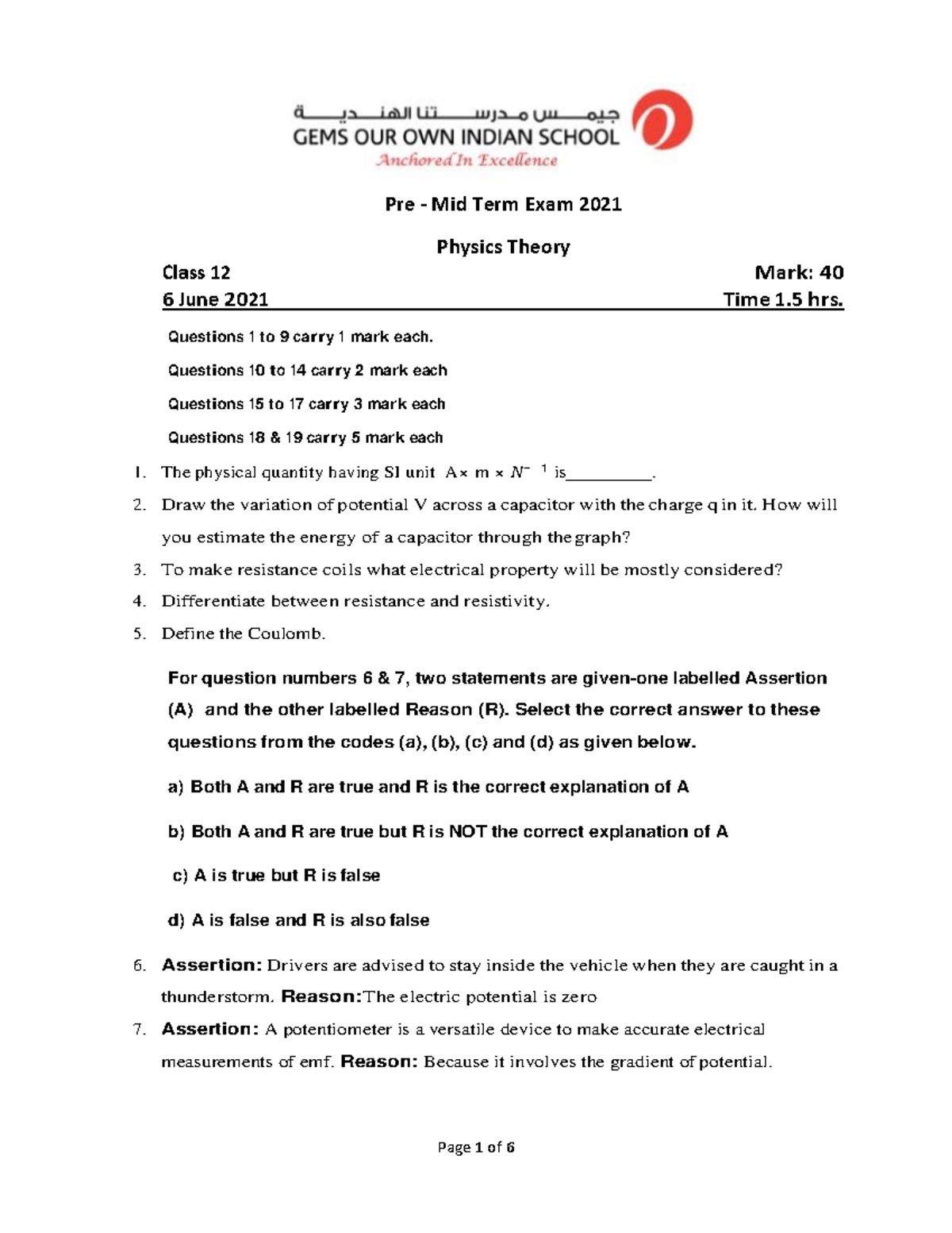 Gr12 Pre Mid Term Physics 2021-22 - Pre - Mid Term Exam 2021 Physics ...