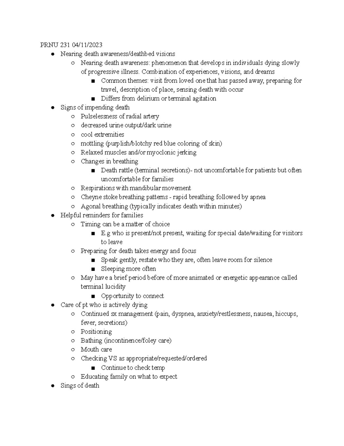 PRNU 231 04 11 2023 - Lecture notes from class on post mortem care and ...