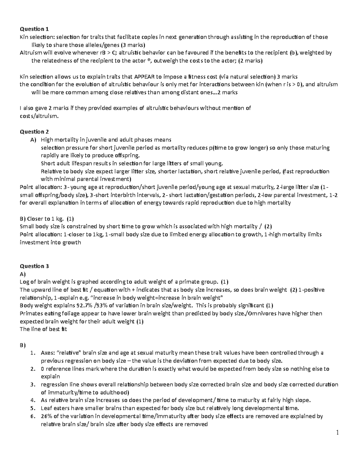 2215 Midterm 2023 KEY - Marking key - Question 1 Kin selection ...