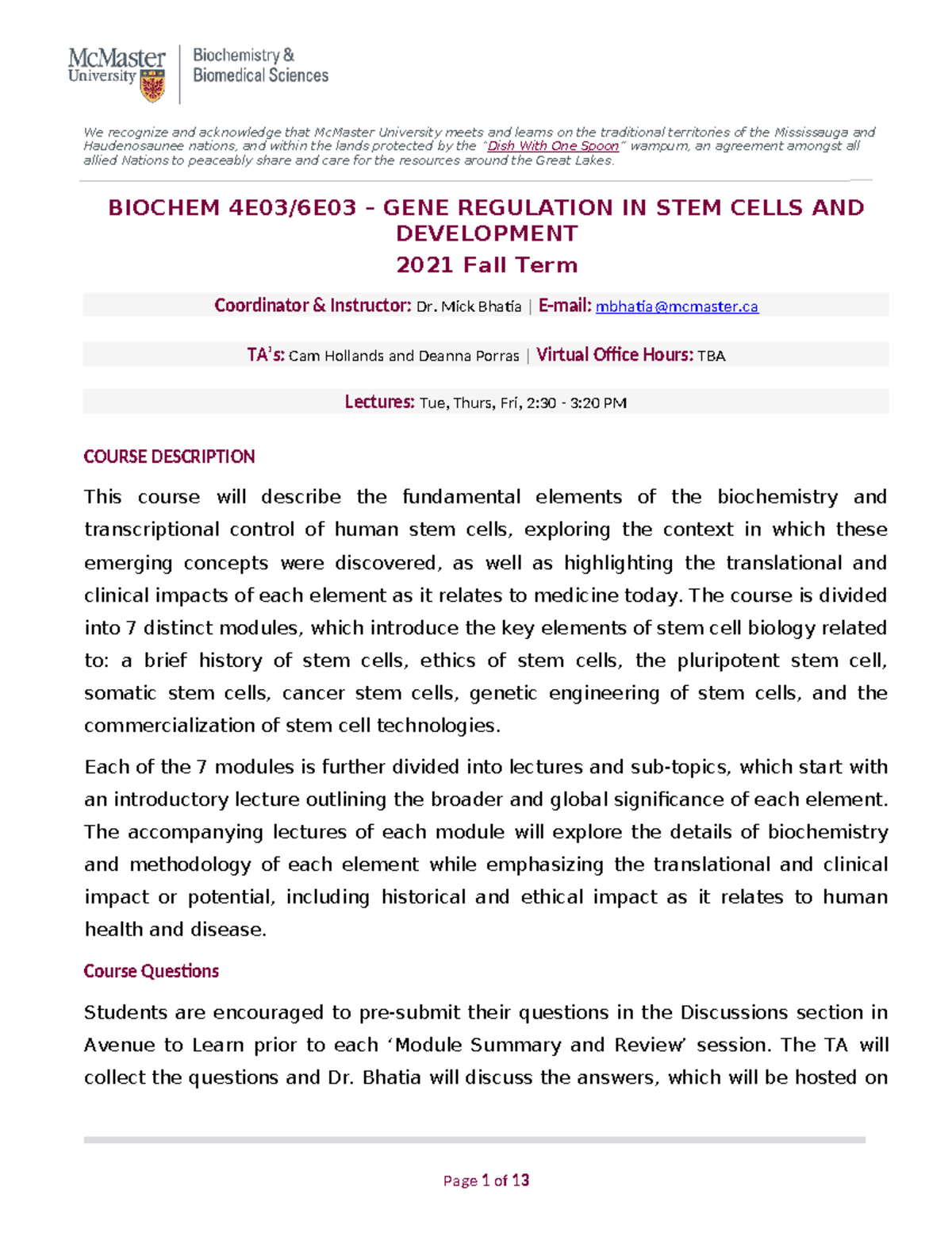 Biochem 4e03 gene regulation in stem cells and development f2021 - We ...
