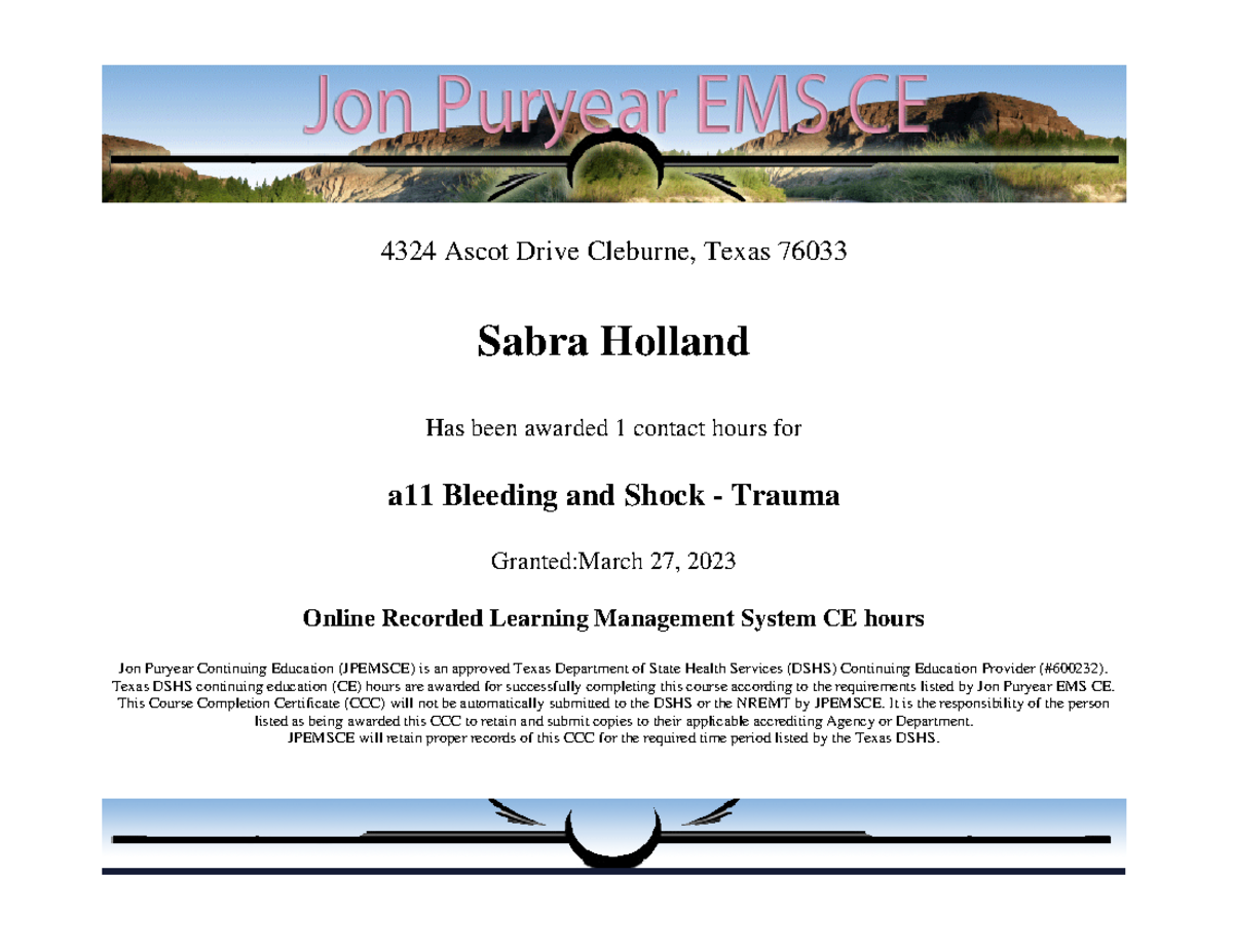 Bleeding and shock - Continuing education - 4324 Ascot Drive Cleburne ...
