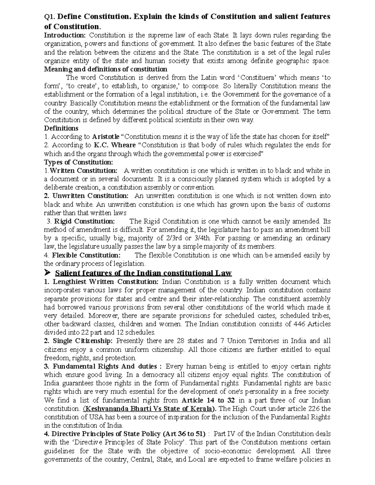 Consititional law - assignments questions with answers - Q1. Define ...