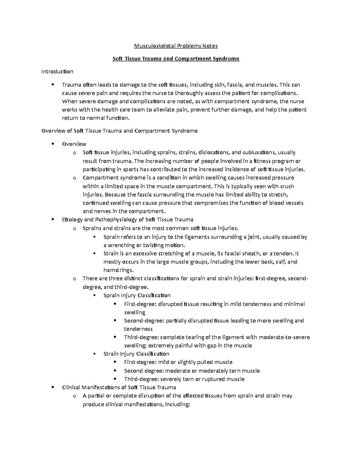 Musculoskeletal Problems Notes - NUR 301 - Tarleton - Studocu