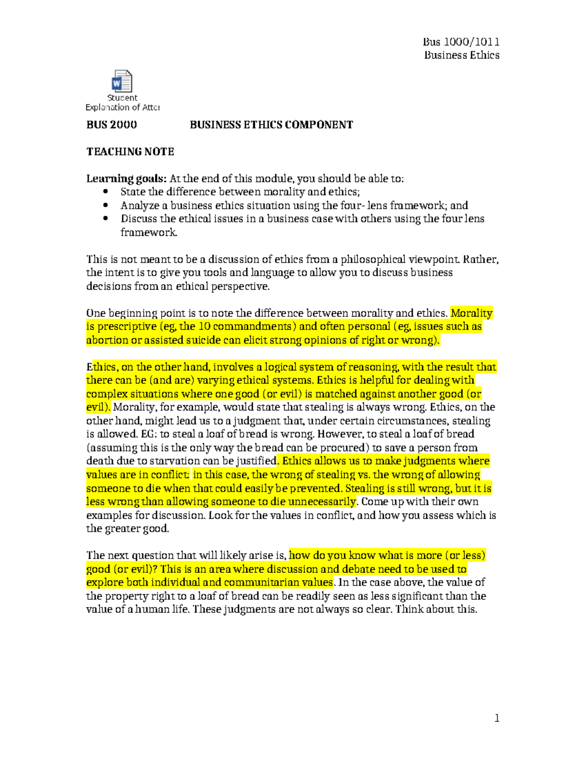 BUS ethics note 8-2017 - Bus - Business Ethics BUS 2000 BUSINESS ETHICS COMPONENT TEACHING NOTE ...