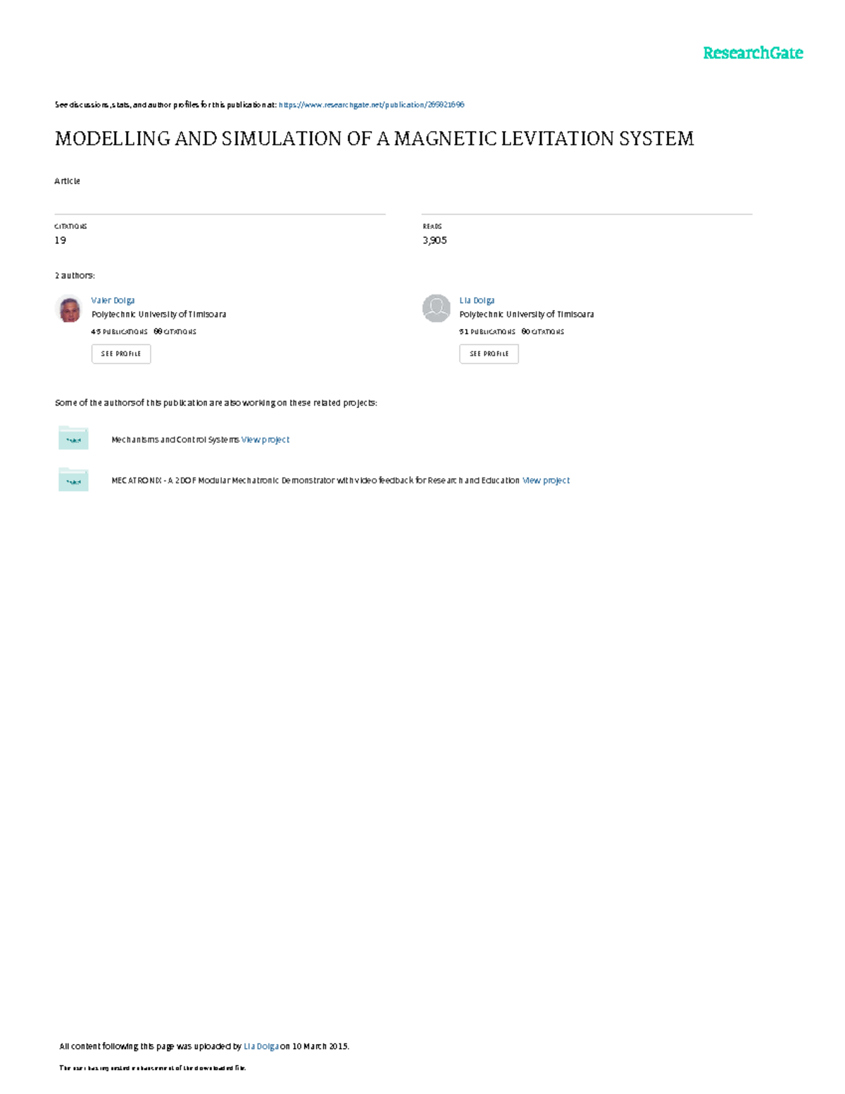 Modelling AND Simulation OF A Magnetic Levitation - See discussions ...