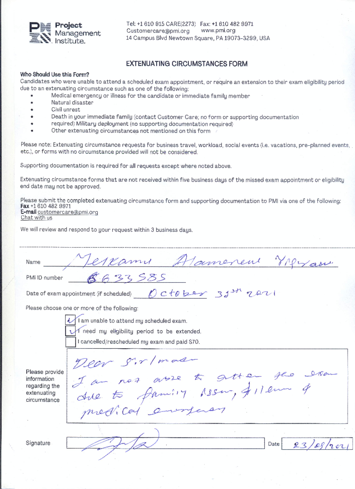 PMP Extenuating Circumstances Form Melkamu - project management - Studocu