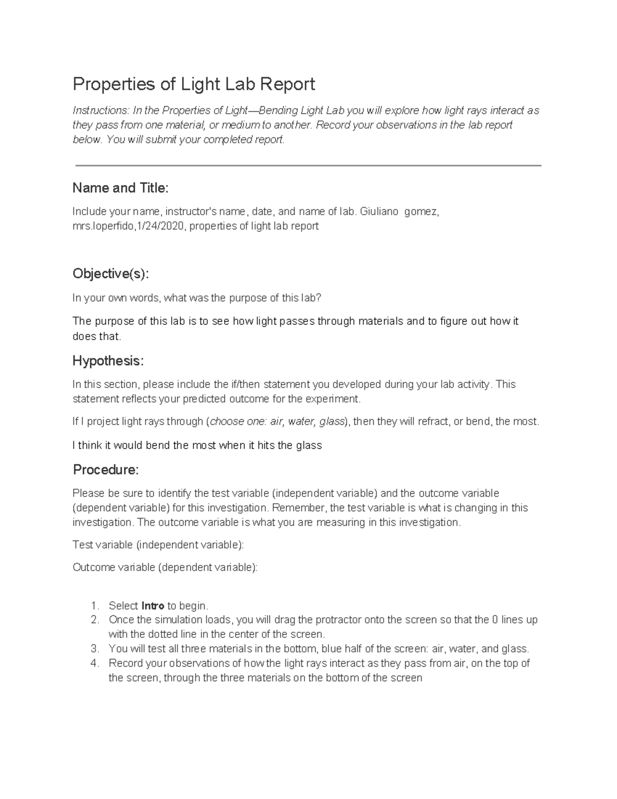5.02 properties of light lab report - Properties of Light Lab Report ...