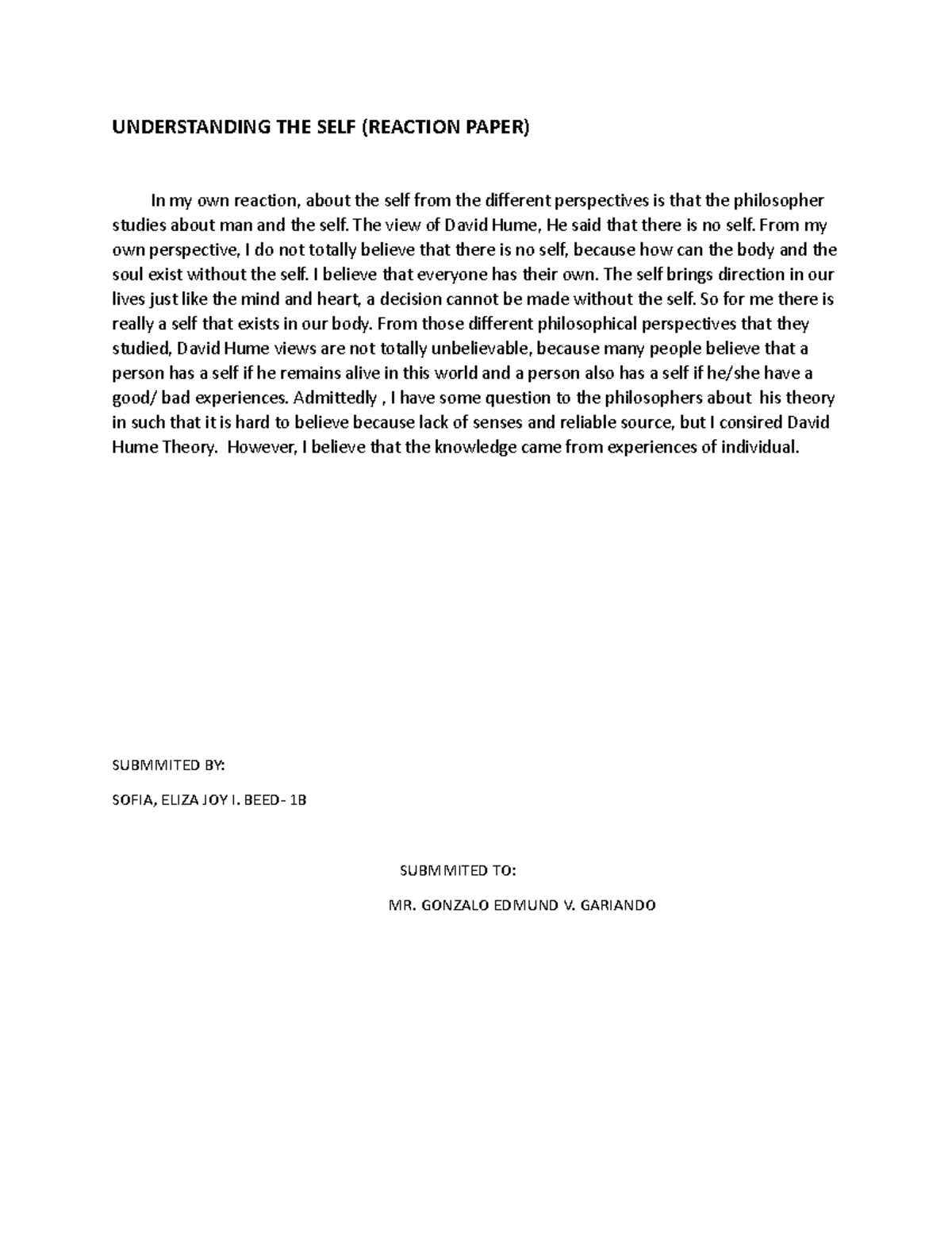 Understanding the self^ - UNDERSTANDING THE SELF (REACTION PAPER) In my ...