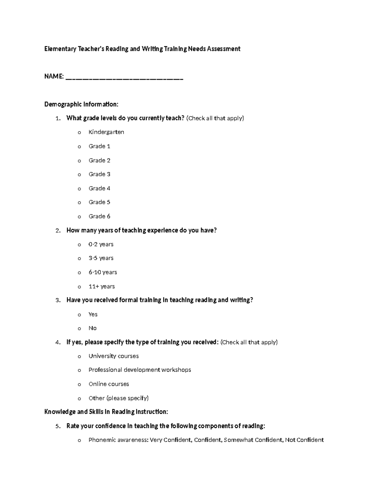 Elementary Training Needs Assessment - Elementary Teacher's Reading and ...