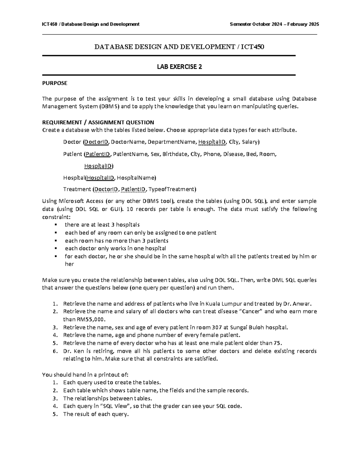 ICT450 SQL LAB Exercise 2 - ICT450 / Database Design and Development ...