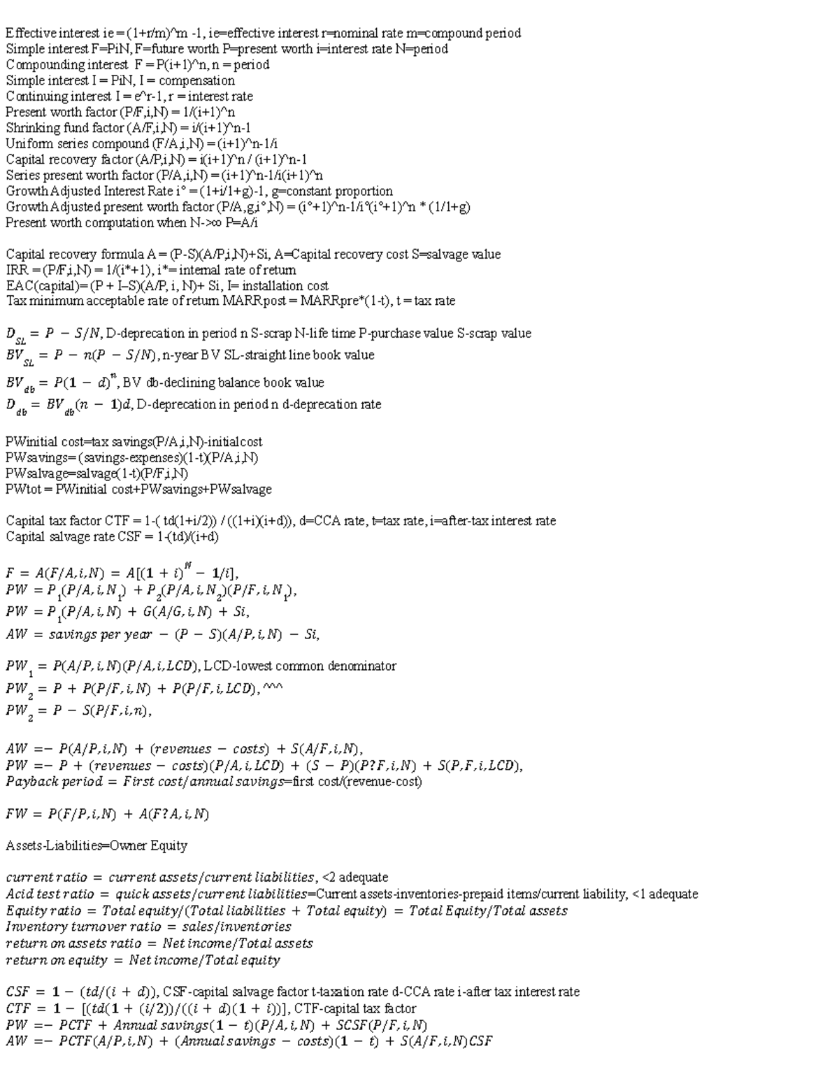 ECON Equation Sheet - Effective interest ie = (1+r/m)^m -1, ie ...