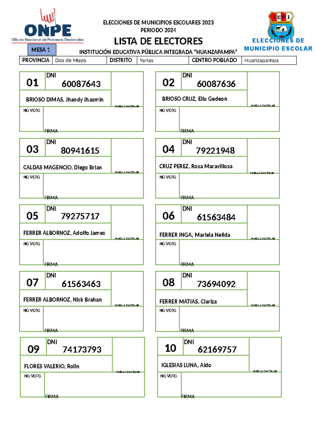 Lista DE Electores - 2023 - MESA 1 - MESA 1 ELECCIONES DE MUNICIPIO ...