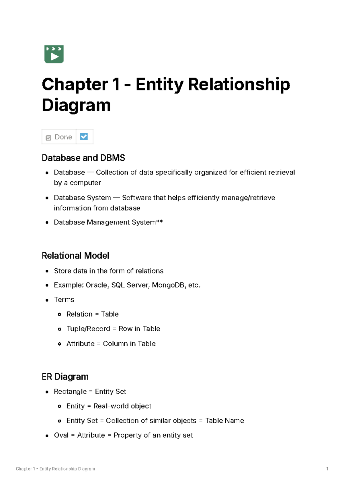Chapter 1 Notes - Entity Relationship Diagram - Chapter 1 Entity ...