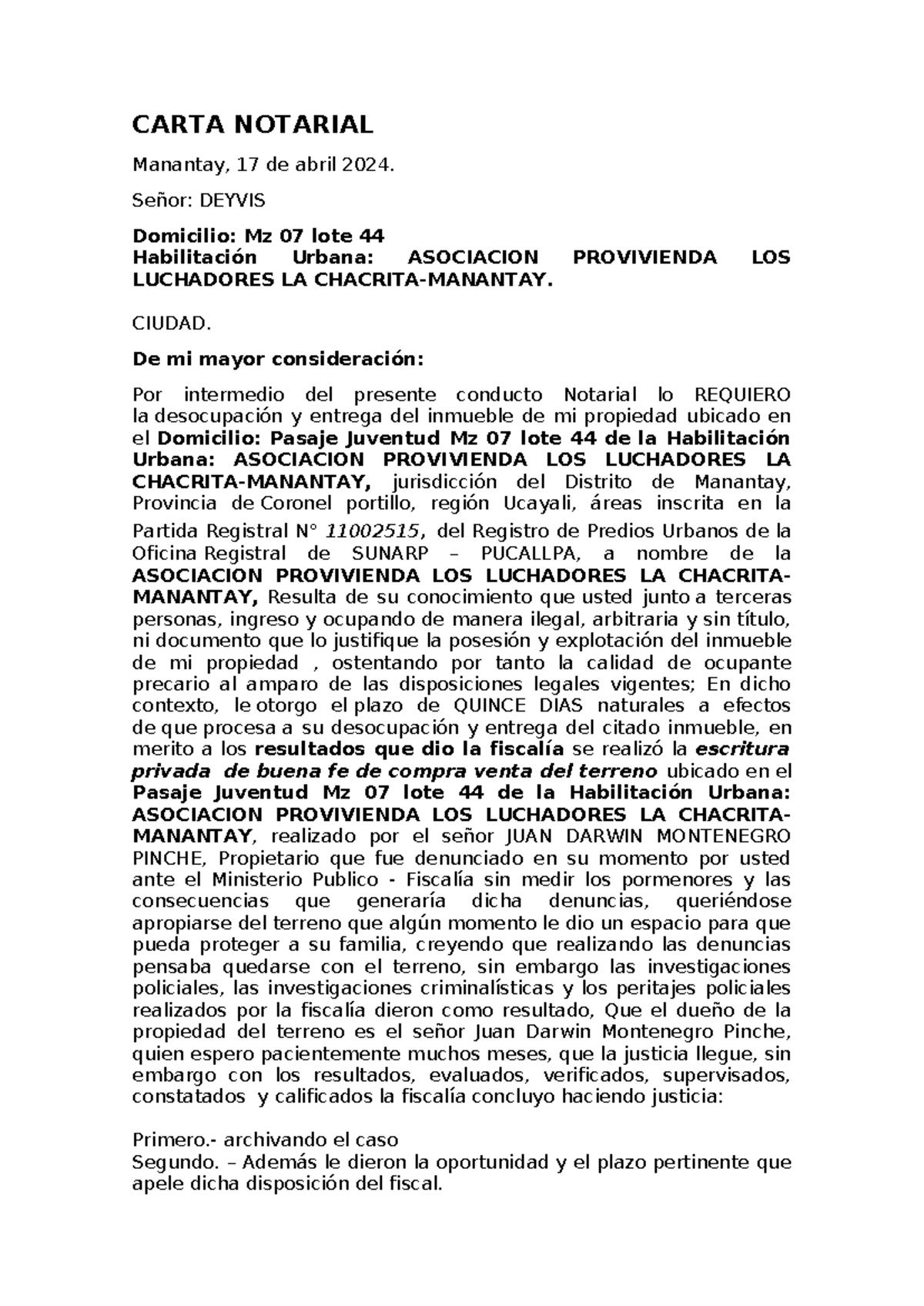 Carta Notarial-25 - MODELO - CARTA NOTARIAL Manantay, 17 de abril 2024 ...