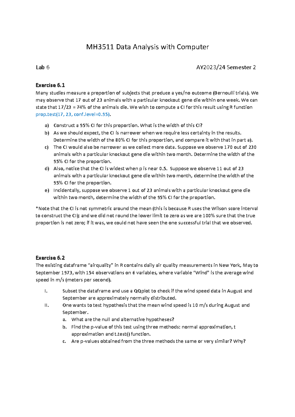 MH3511 Lab06 - MH 3511 Data Analysis with Computer Lab 6 AY20 23 / 24 ...