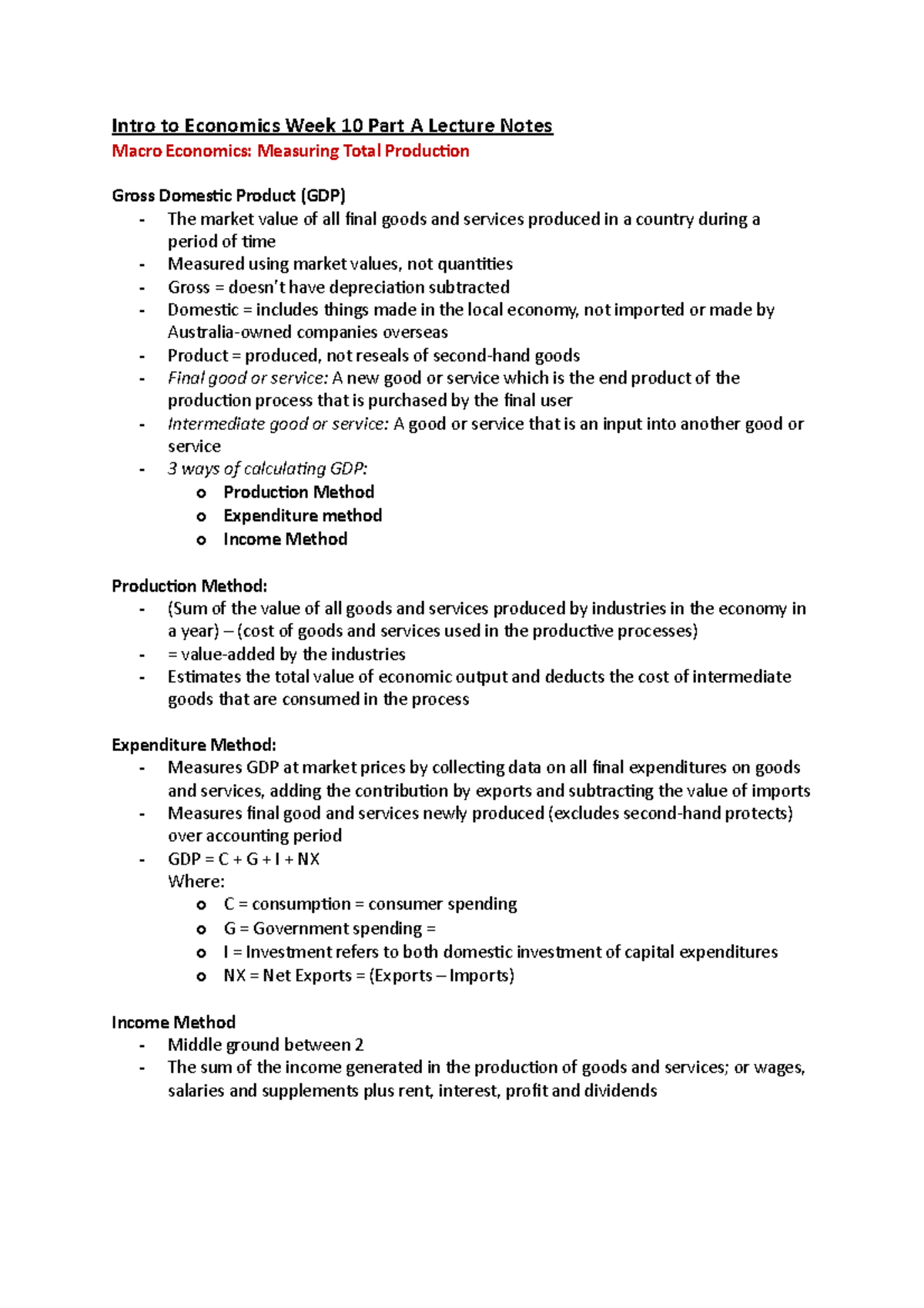 Ec Week 10 Part A Lecture Notes Intro To Economics Week 10 Part A Lecture Notes Macro