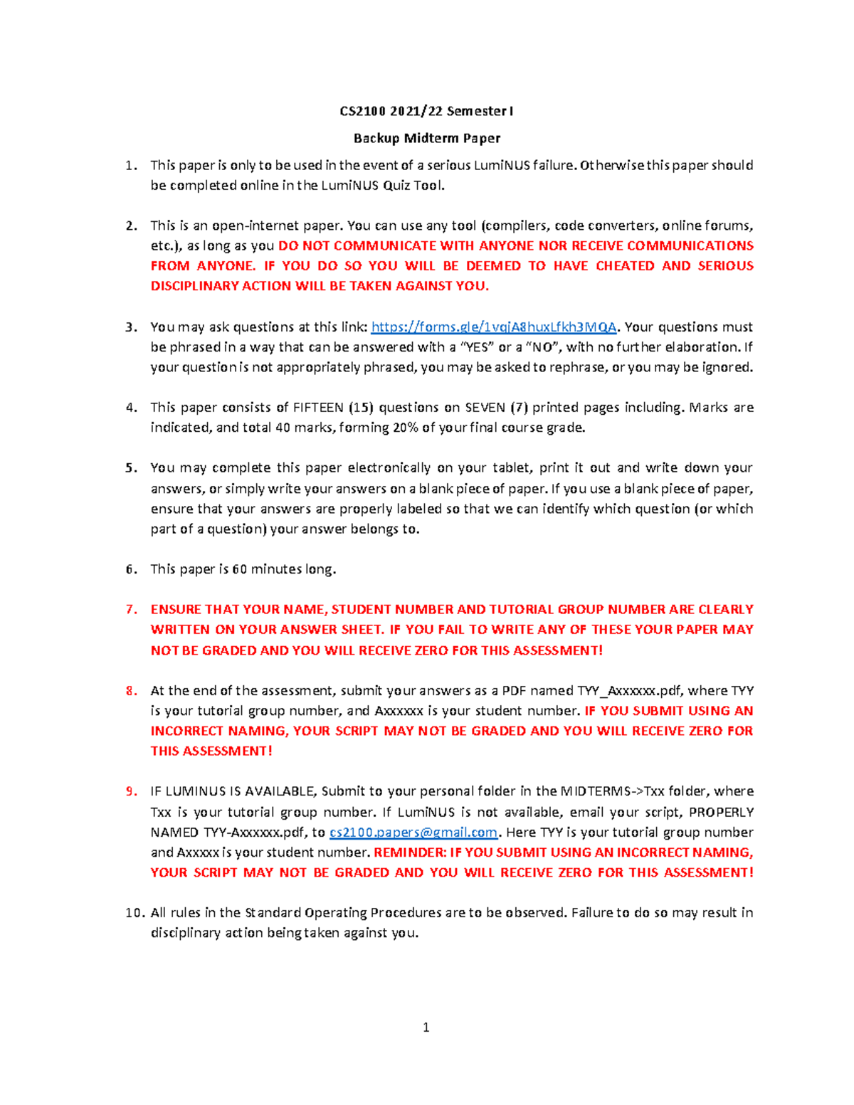 Midterm 21s1 ans - CS2100 2021/22 Semester I Backup Midterm Paper This paper is only to be used ...