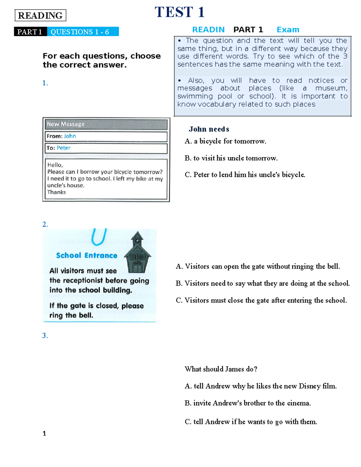 Test 1 - For each questions, choose the correct answer. 1. 2. 3 ...