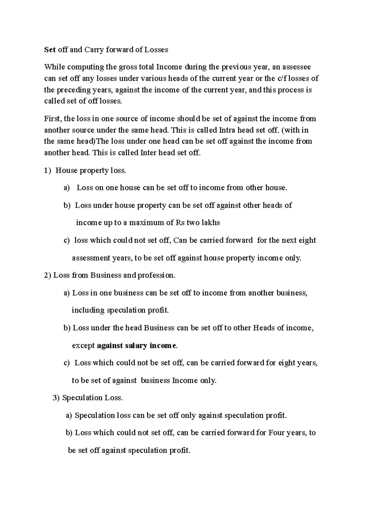 Taxation Law - Theory - Set offs and carry forwards - Set off and Carry ...