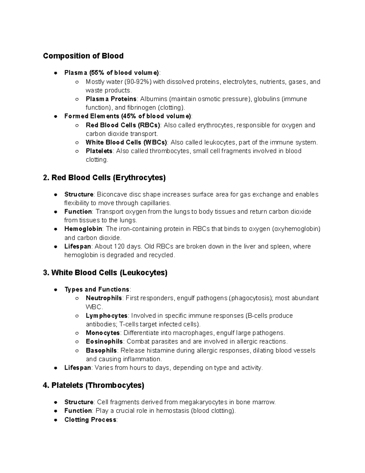 Blood Notes (ANP 1105) - Composition of Blood Plasma (55% of blood ...