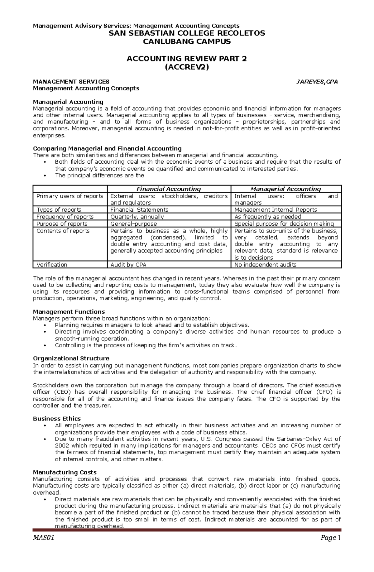 MAS-01 Management Accounting Concepts - SAN SEBASTIAN COLLEGE RECOLETOS ...