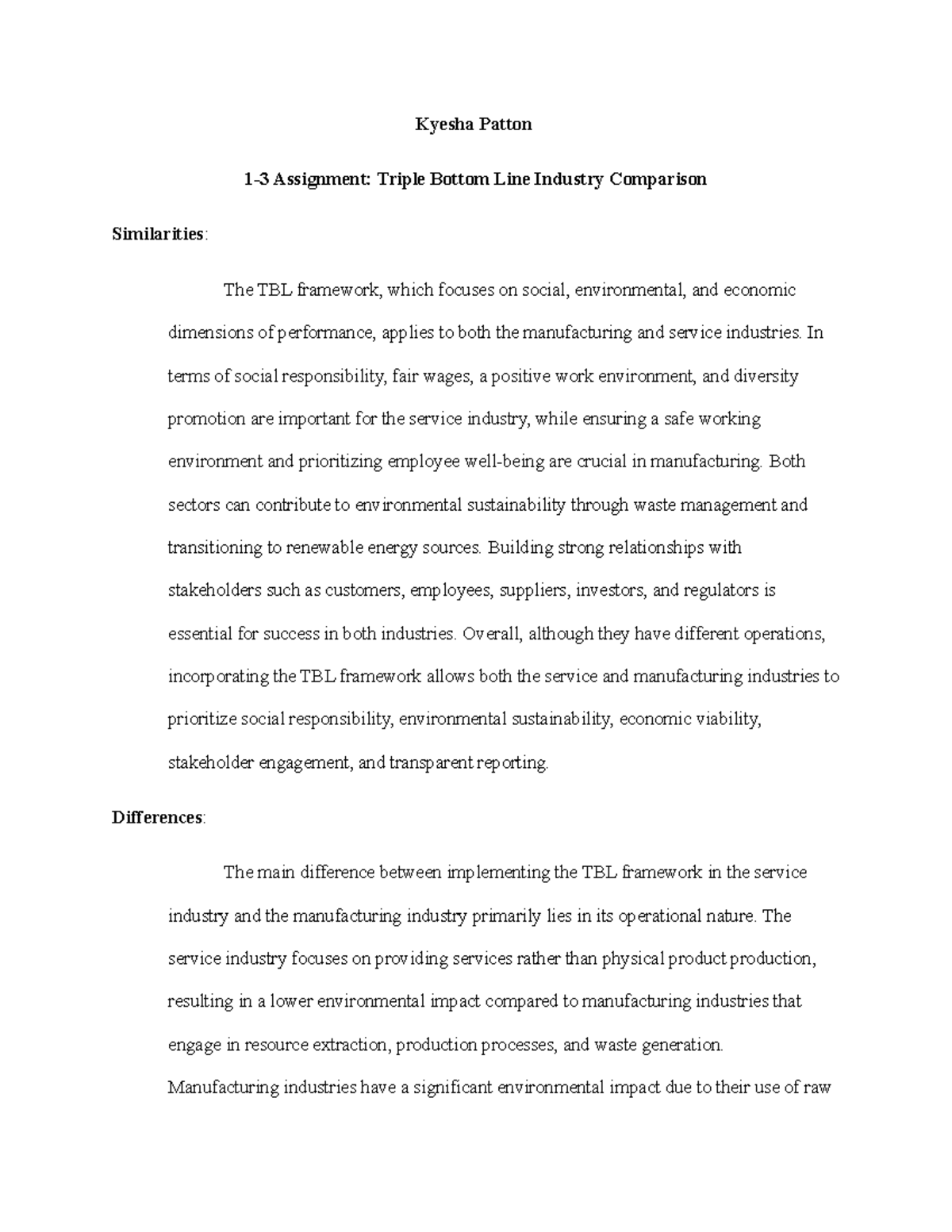 1 3 Assignment Triple Bottom Line Industry Comparison complete - Kyesha ...