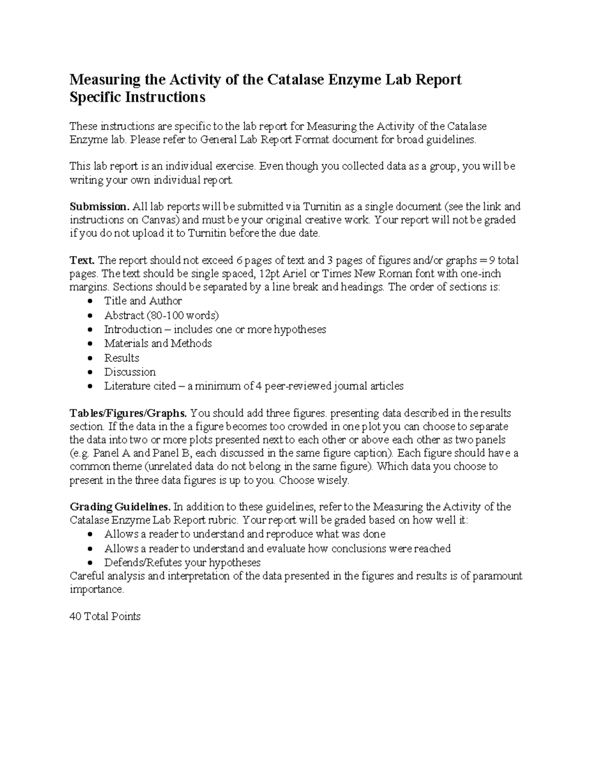 Measuring the Activity of the Catalase Enzyme lab report instructions ...
