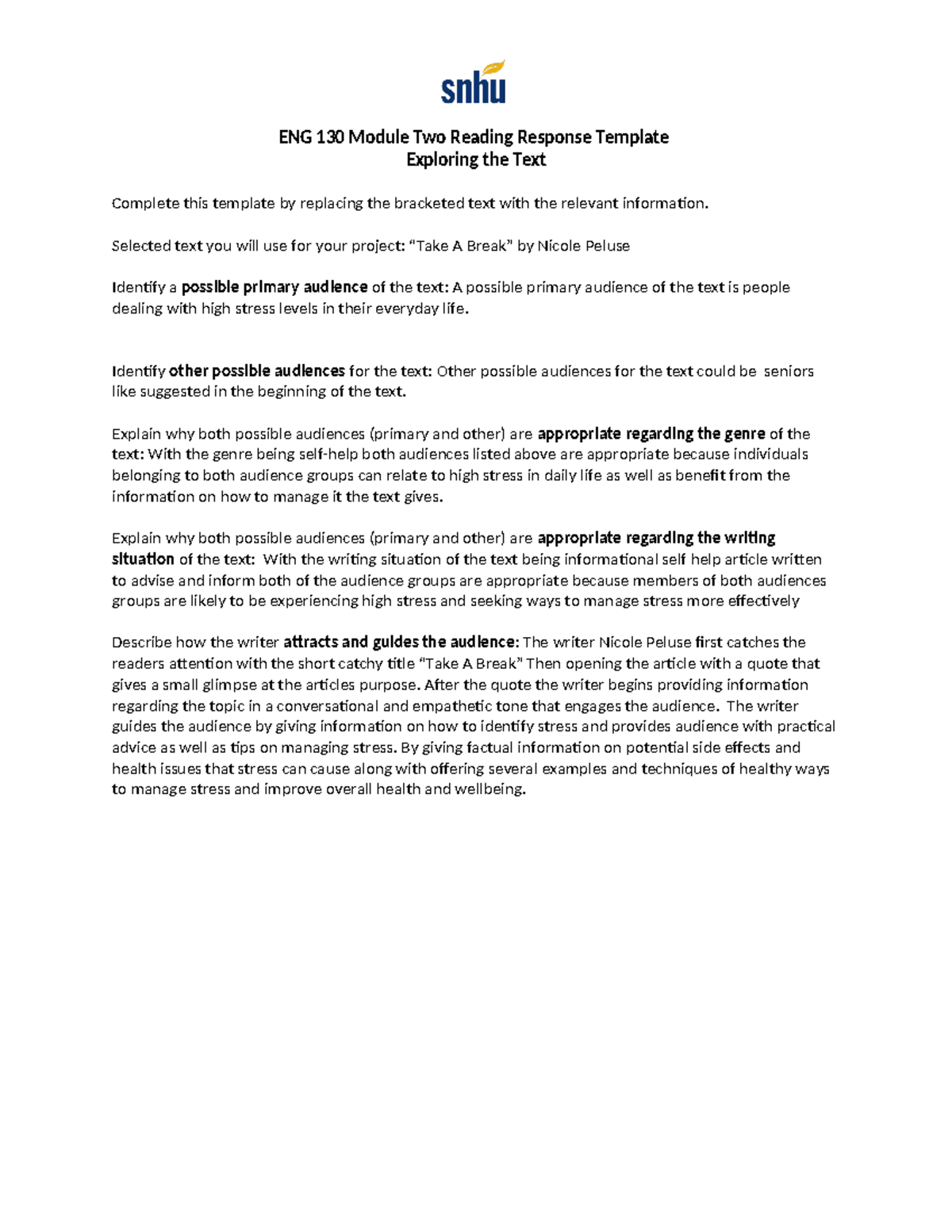 ENG 130 Module Two Reading Response done - Selected text you will use ...