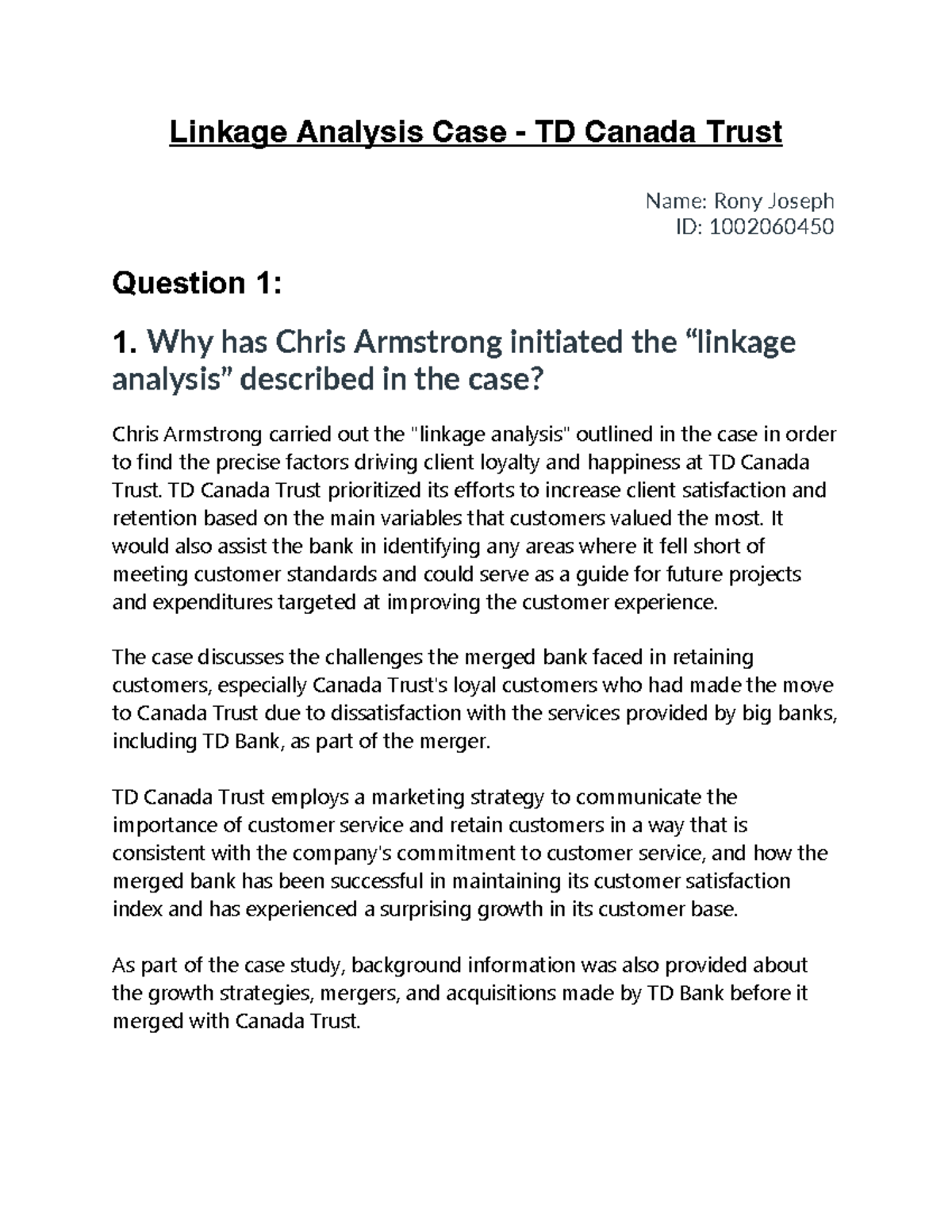 Linkage Analysis Case - Why has Chris Armstrong initiated the “linkage ...