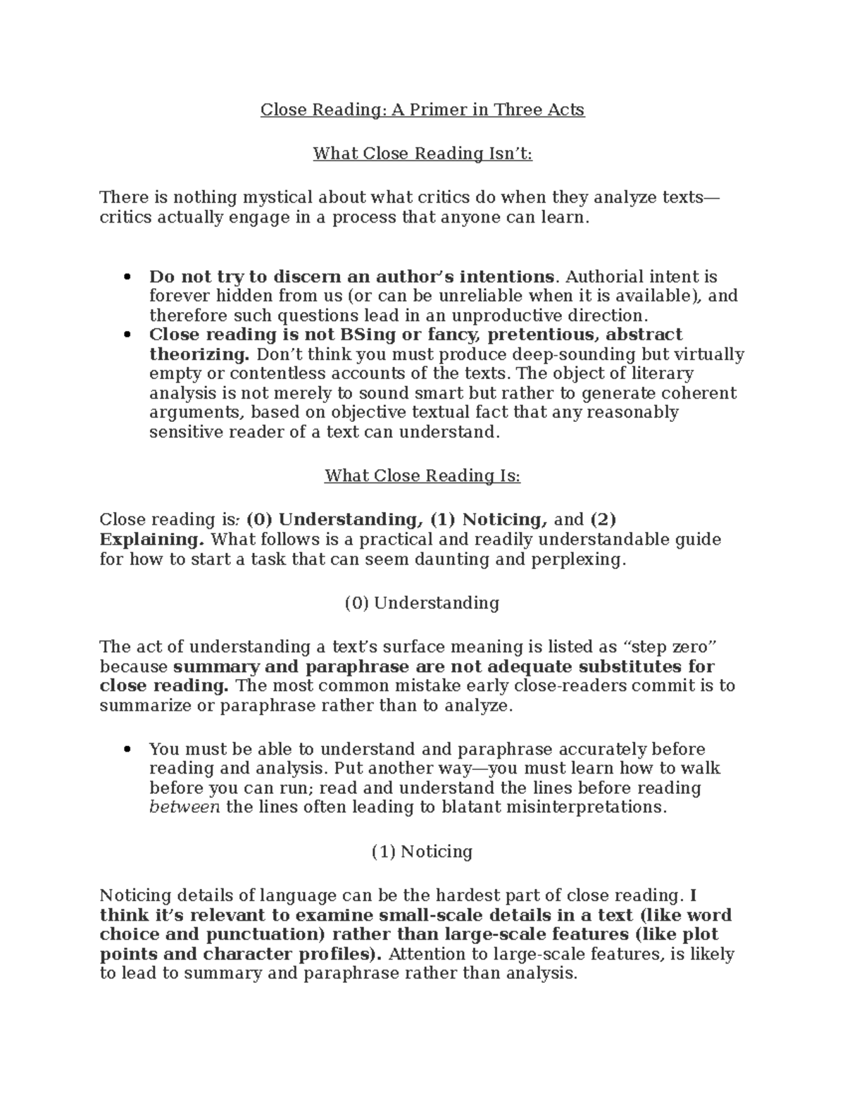 Close Reading Handout - none - Close Reading: A Primer in Three Acts ...
