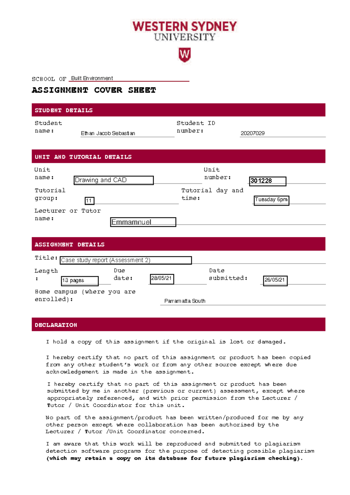 Cover page - ! SCHOOL OF ASSIGNMENT COVER SHEET STUDENT DETAILS Student ...