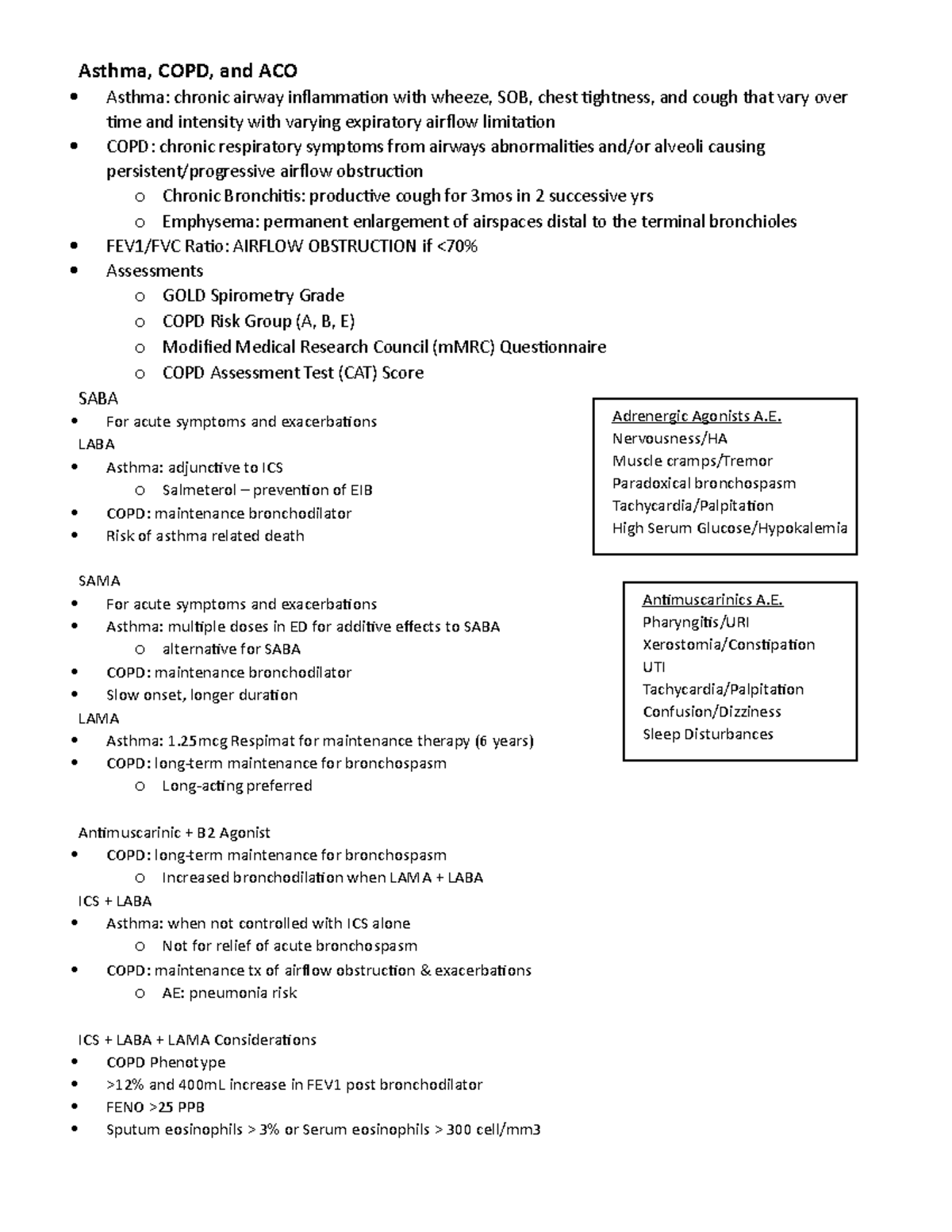 Thera Exam 1 Notes - Asthma, COPD, and ACO Asthma: chronic airway ...